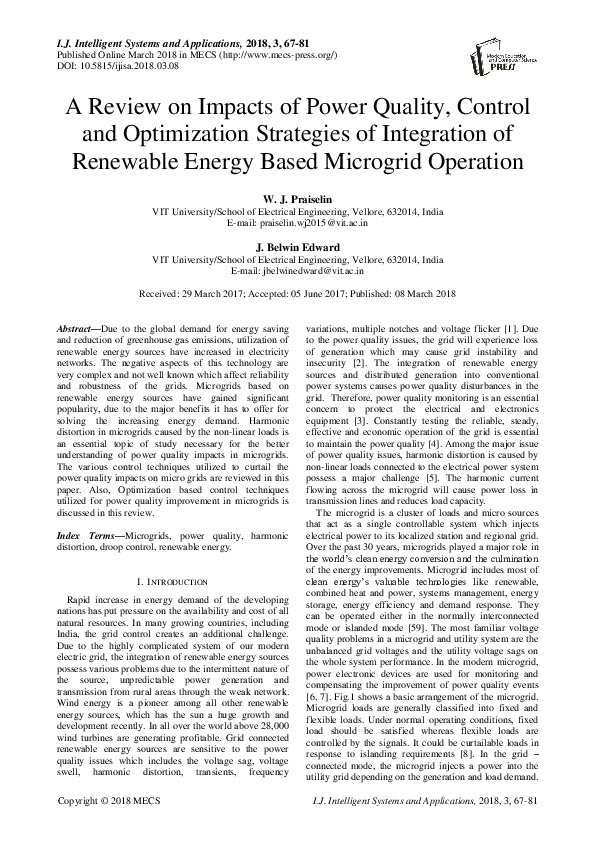 (PDF) A Review on Impacts of Power Quality, Control and Optimization Strategies of Integration ...
