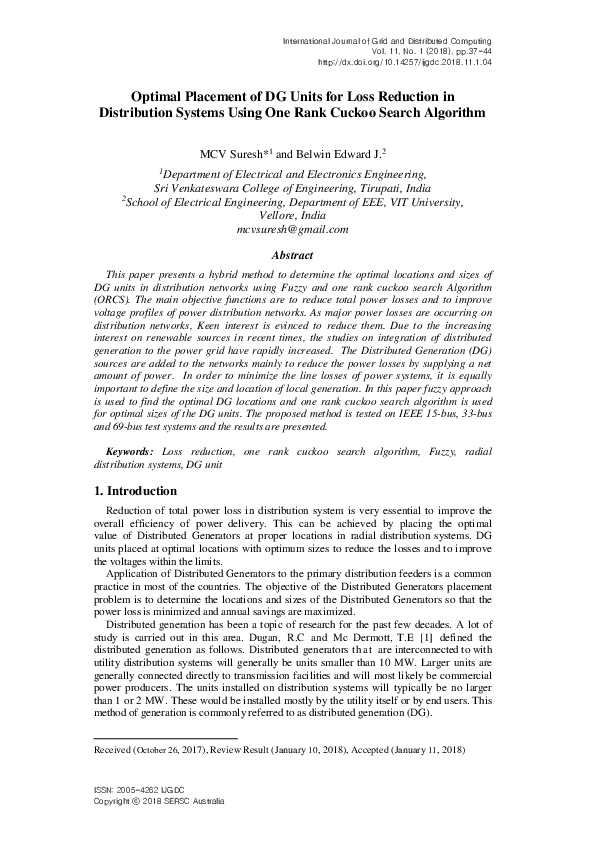 (PDF) Optimal Placement of DG Units for Loss Reduction in Distribution Systems Using One Rank ...