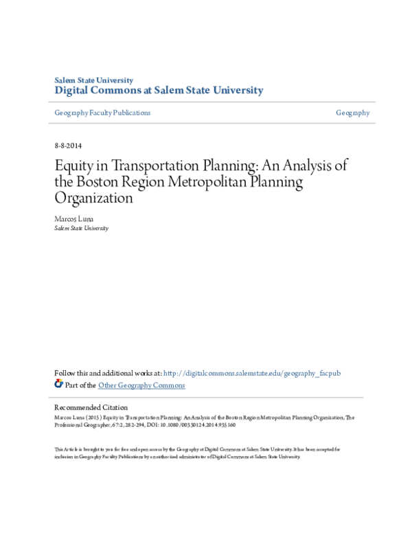 (PDF) Equity in Transportation Planning: An Analysis of the Boston ...