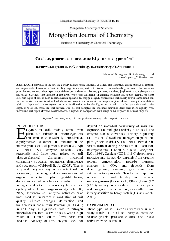 (PDF) Catalase, protease and urease activity in some types of soil