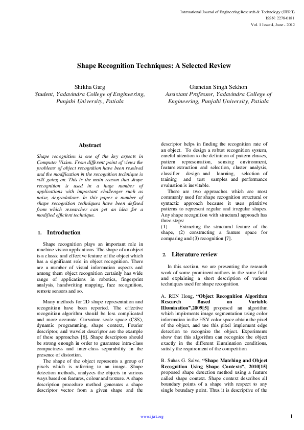 (PDF) Shape Recognition Techniques: A Selected Review