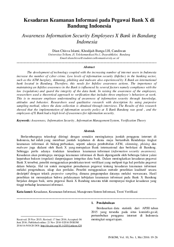 (PDF) Kesadaran Keamanan Informasi pada Pegawai Bank x di Bandung Indonesia