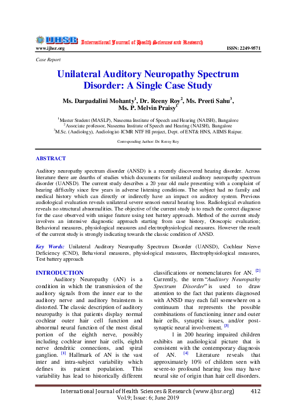 (PDF) Unilateral Auditory Neuropathy Spectrum Disorder: A Single Case Study (PDF) Unilateral Auditory Neuropathy Spectrum Disorder: A Single Case Study