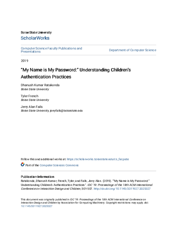 (PDF) My Name Is My Password: Understanding Children's Authentication ...