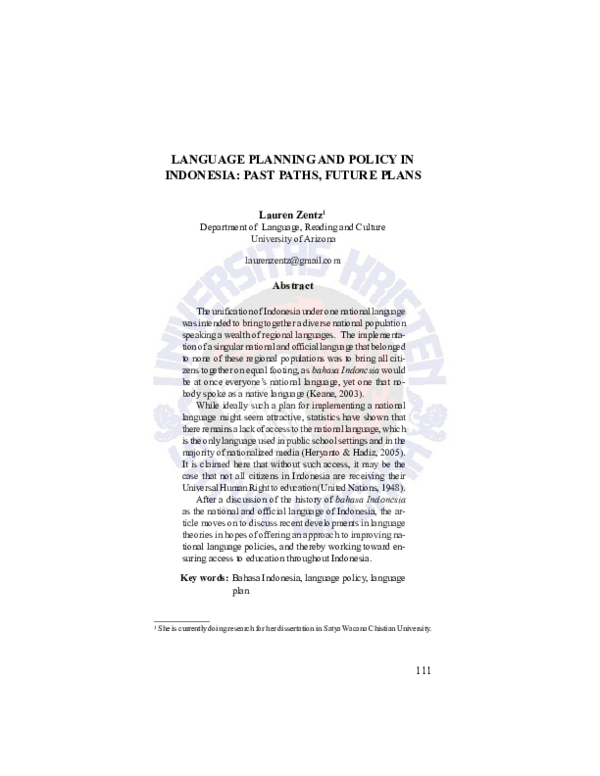 (PDF) Language Planning and Policy in Indonesia: Past Paths, Future Plans