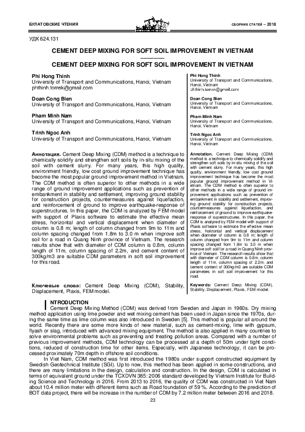 (PDF) Cement Deep Mixing for Soft Soil Improvement in Vietnam ...