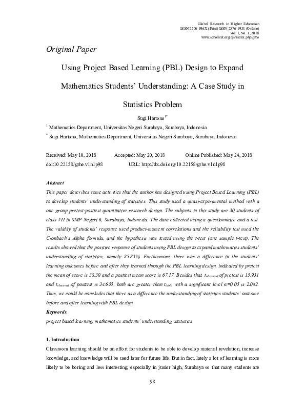 (PDF) Using Project Based Learning (PBL) Design to Expand Mathematics ...