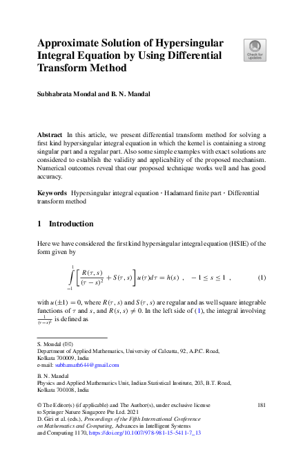 (PDF) Approximate Solution of Hypersingular Integral Equation by Using Differential Transform Method