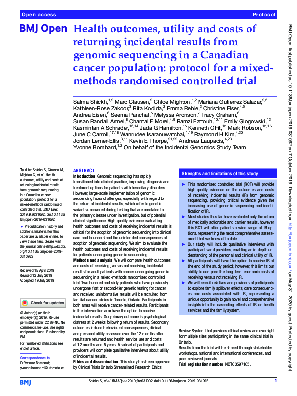 (PDF) Health outcomes, utility and costs of returning incidental results from genomic sequencing ...