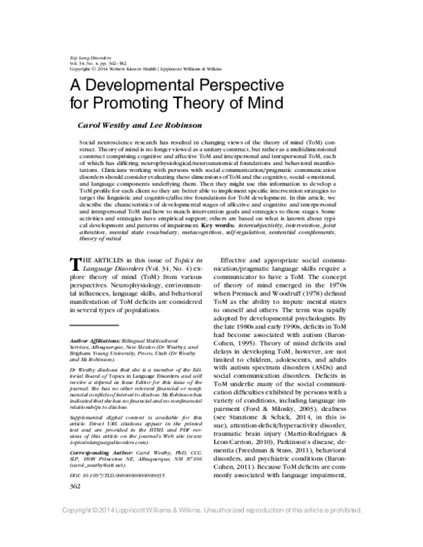 (PDF) A Developmental Perspective for Promoting Theory of Mind