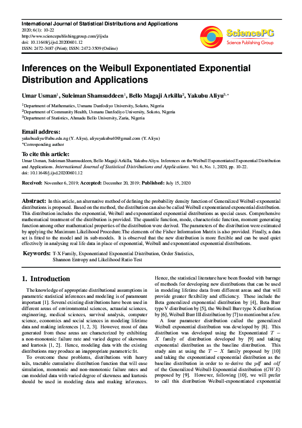 Pdf Inferences On The Weibull Exponentiated Exponential Distribution