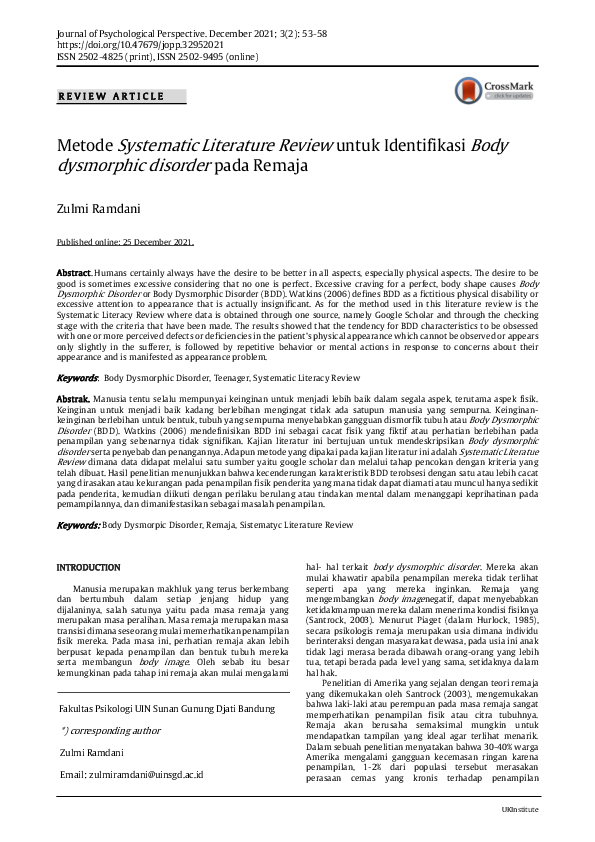 (PDF) Metode Systematic Literature Review untuk Identifikasi Body dysmorphic disorder pada Remaja