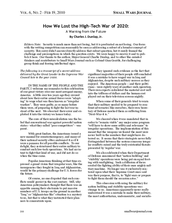 (PDF) How We Lost the High-Tech War of 2020: A Warning from the Future