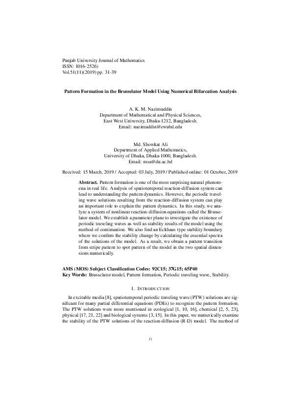 Pdf Pattern Formation In The Brusselator Model Using Numerical Bifurcation Analysis