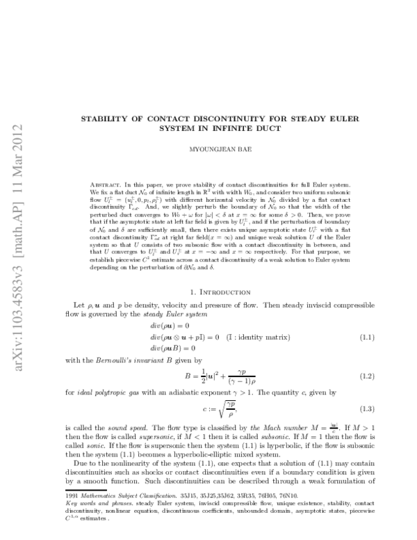 (PDF) Stability of contact discontinuity for steady Euler system in the infinite duct