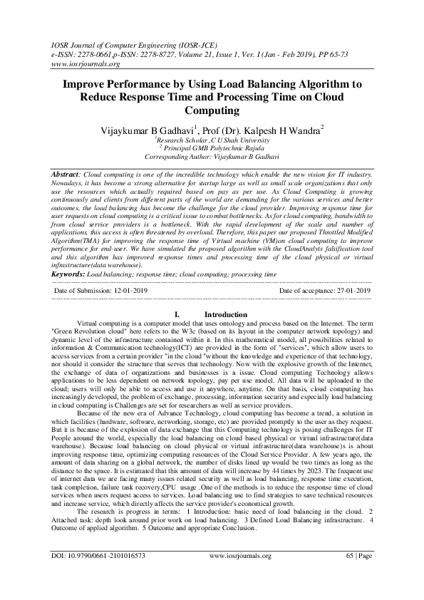 Pdf Improve Performance By Using Load Balancing Algorithm To Reduce