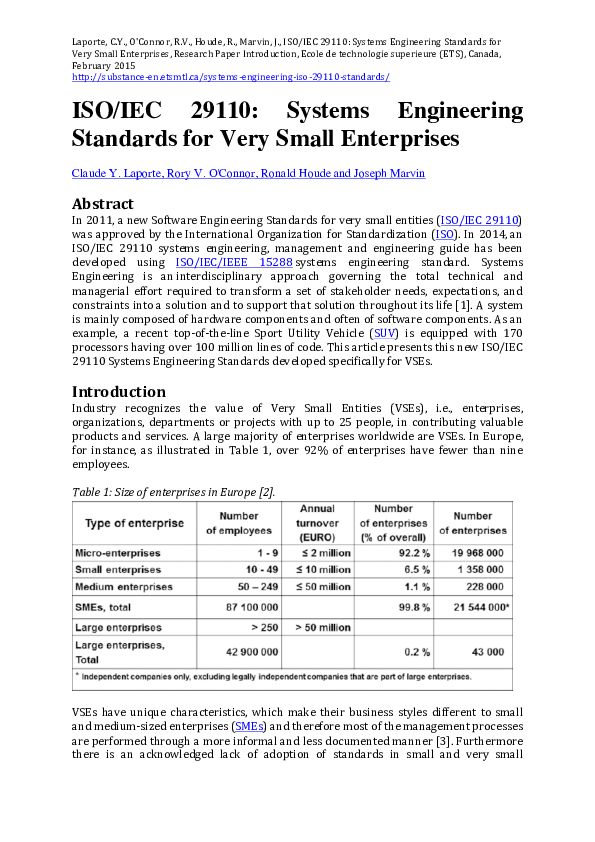 (PDF) ISO/IEC 29110: Systems Engineering Standards for Very Small ...