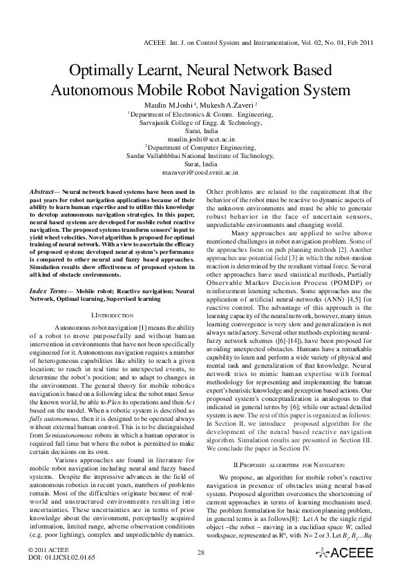 (PDF) Optimally Learnt , Neural Network Based Autonomous Mobile Robot Navigation System