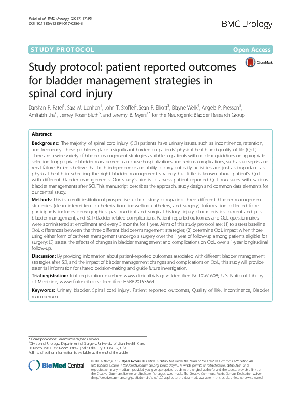 (PDF) Study protocol: patient reported outcomes for bladder management ...