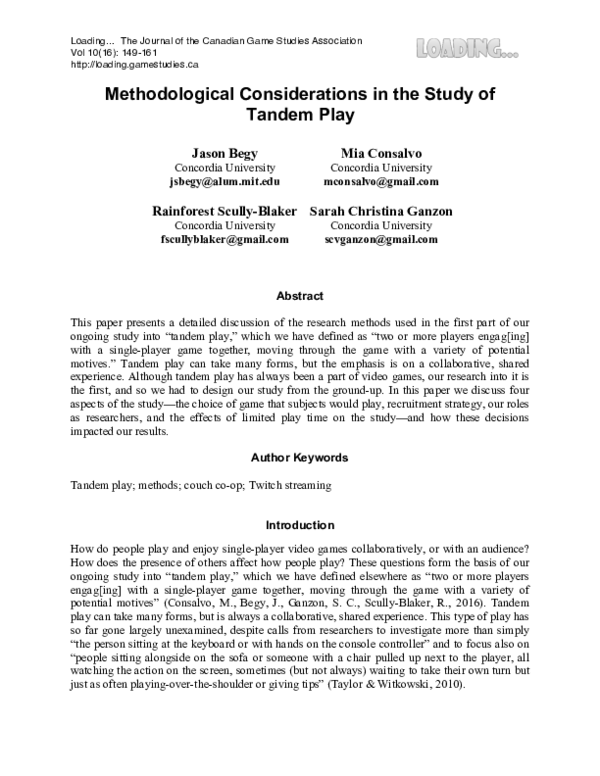 (PDF) Methodological Considerations in the Study of Tandem Play