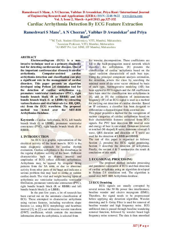 Pdf Cardiac Arrhythmia Detection By Ecg Feature Extraction