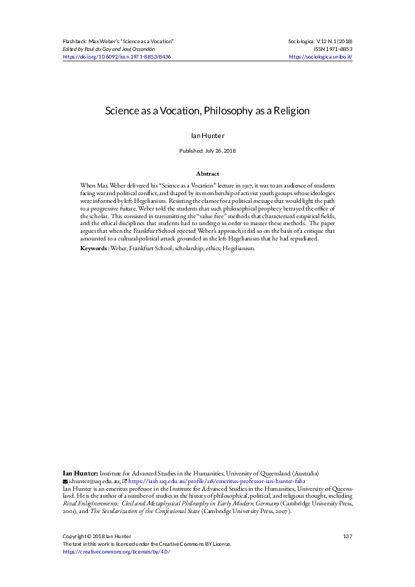 (PDF) Science as a Vocation, Philosophy as a Religion