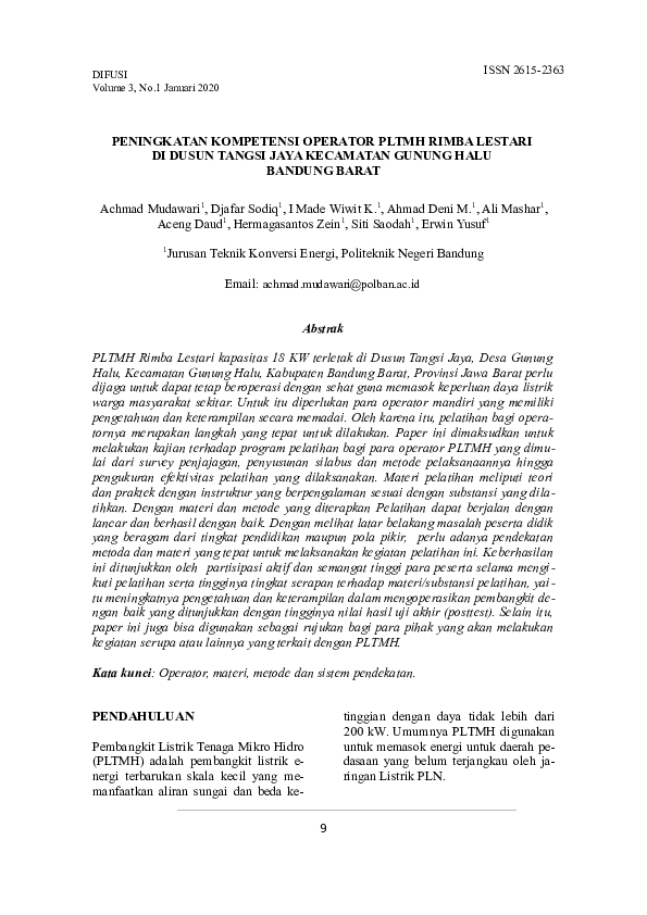 (PDF) Peningkatan Kompetensi Operator PLTMH Rimba Lestari DI Dusun ...