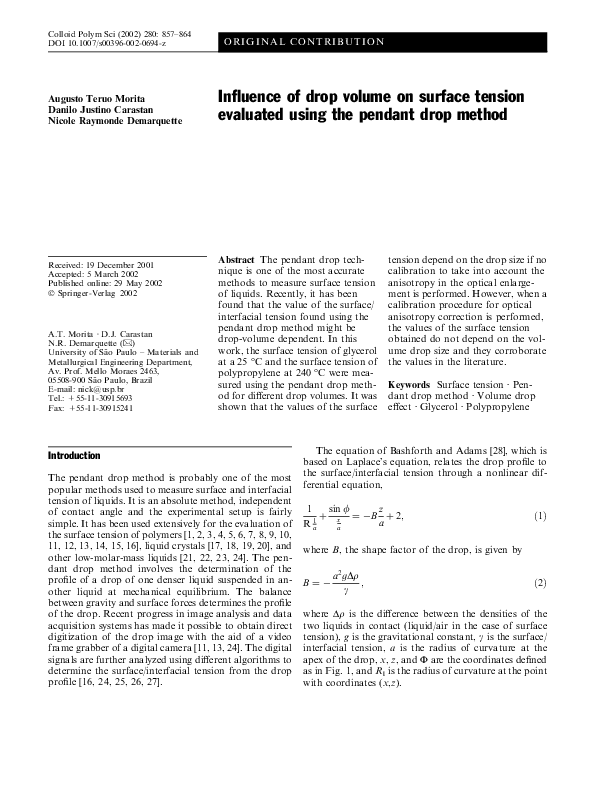 (PDF) Influence of drop volume on surface tension evaluated using the ...