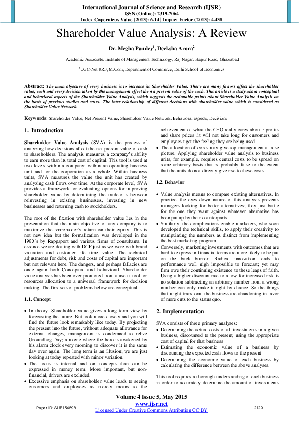 (PDF) Shareholder Value Analysis: A Review