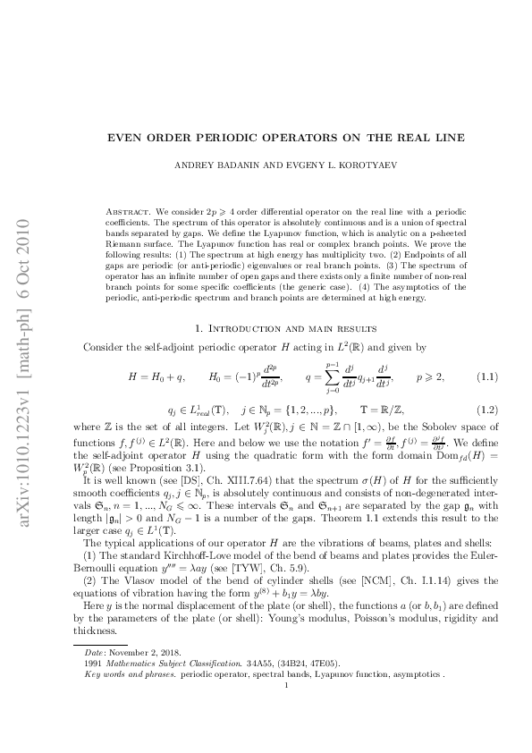 (PDF) Even Order Periodic Operators on the Real Line