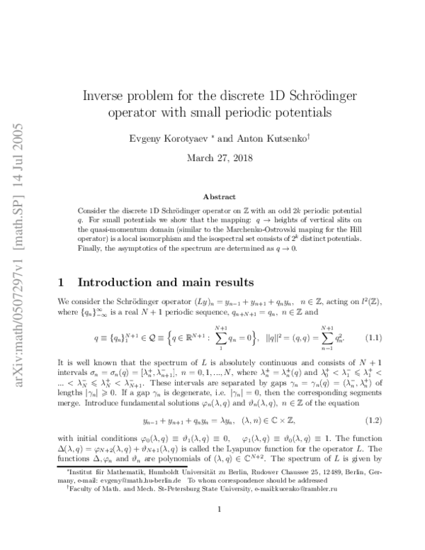 (PDF) Inverse Problem for the Discrete 1D Schrödinger Operator with ...