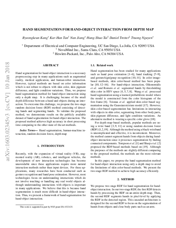 (PDF) Hand segmentation for hand-object interaction from depth map