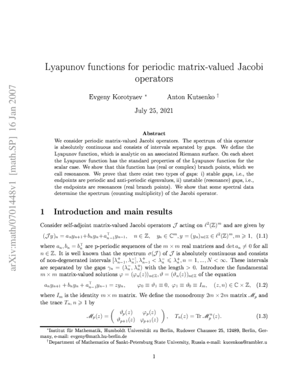 Pdf Lyapunov Functions Of Periodic Matrix Valued Jacobi Operators