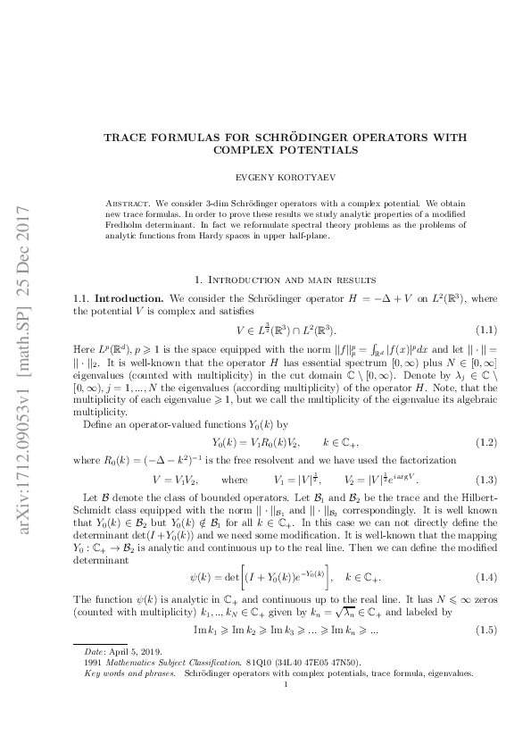 (PDF) Trace Formulas for Schrödinger Operators with Complex Potentials