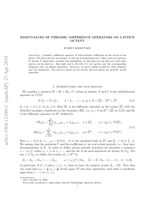 (PDF) Eigenvalues of periodic difference operators on lattice octants