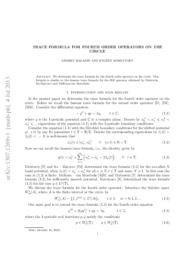 (PDF) Trace Formula for Fourth Order Operators on the