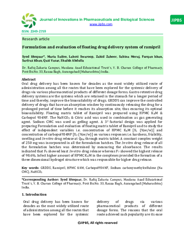 (PDF) Formulation and evaluation of floating drug delivery system of ...