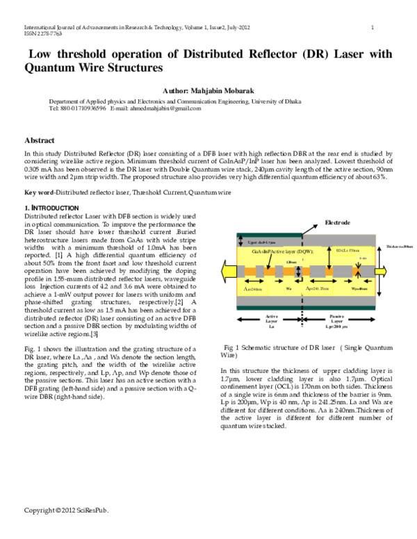 (PDF) Low threshold operation of Distributed Reflector (DR) Laser with Quantum Wire Structures
