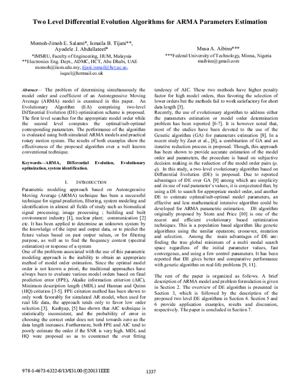 (PDF) Two level Differential Evolution algorithms for ARMA parameters estimation