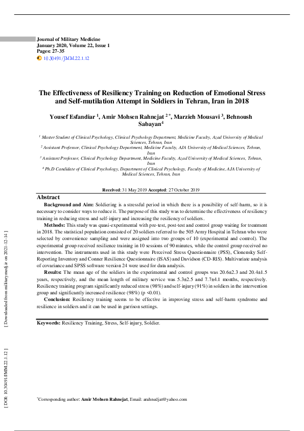 (PDF) The Effectiveness of Resiliency Training on Reduction of Emotional Stress and Self ...