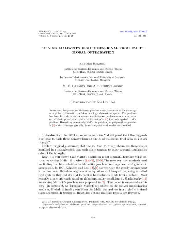 (PDF) Solving Malfatti's high dimensional problem by global optimization