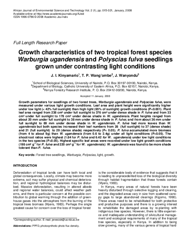 (PDF) Warburgia ugandensis and Polyscias fulva seedlings