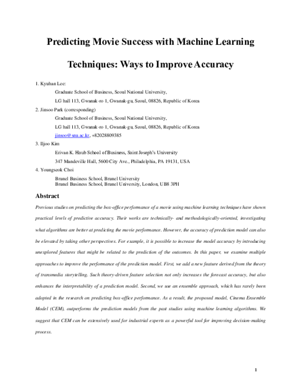 (PDF) Predicting movie success with machine learning techniques: ways ...