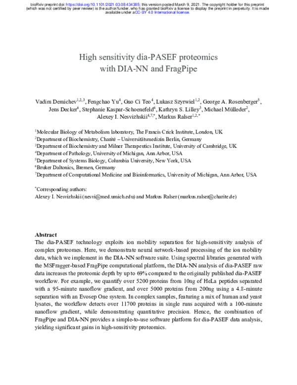(PDF) High sensitivity dia-PASEF proteomics with DIA-NN and FragPipe