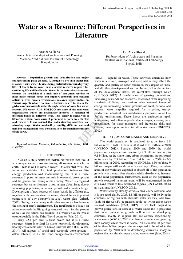 (PDF) Water as a Resource: Different Perspectives in Literature