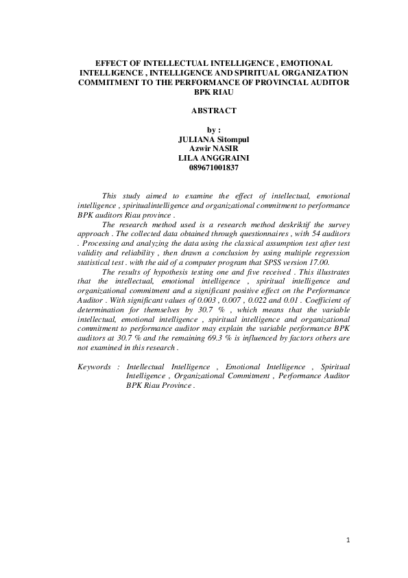 (PDF) Effect of intellectual intelligence , emotional intelligence , intelligence and spiritual ...