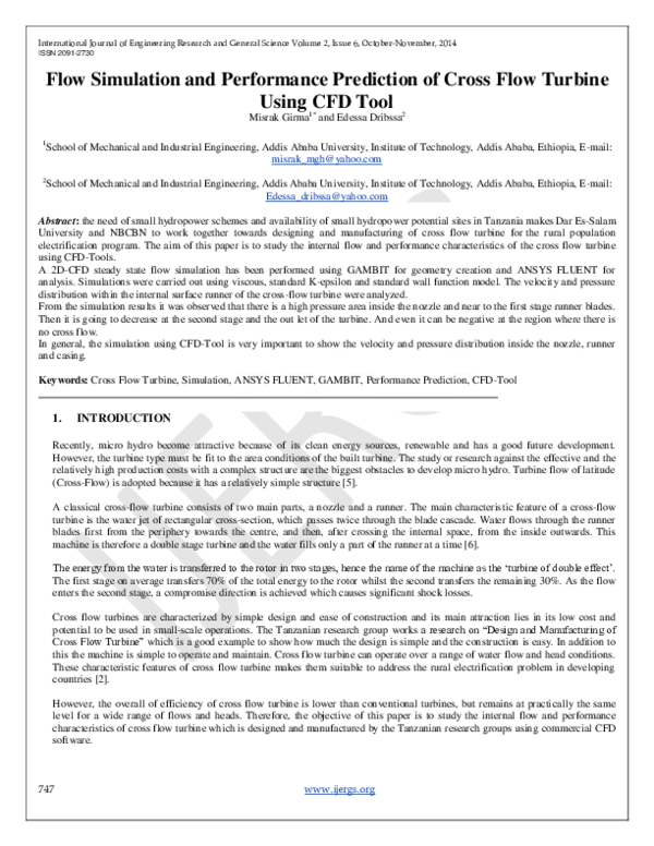 (PDF) Flow Simulation and Performance Prediction of Cross Flow Turbine Using CFD Tool