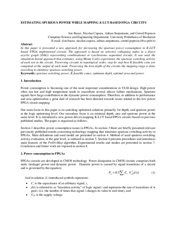 (PDF) Estimating Spurious Power While Mapping K-Lut-Based Fpga Circuits