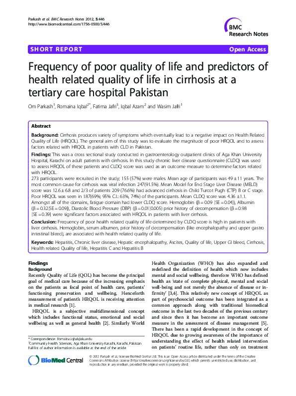 (PDF) Frequency of poor quality of life and predictors of health ...