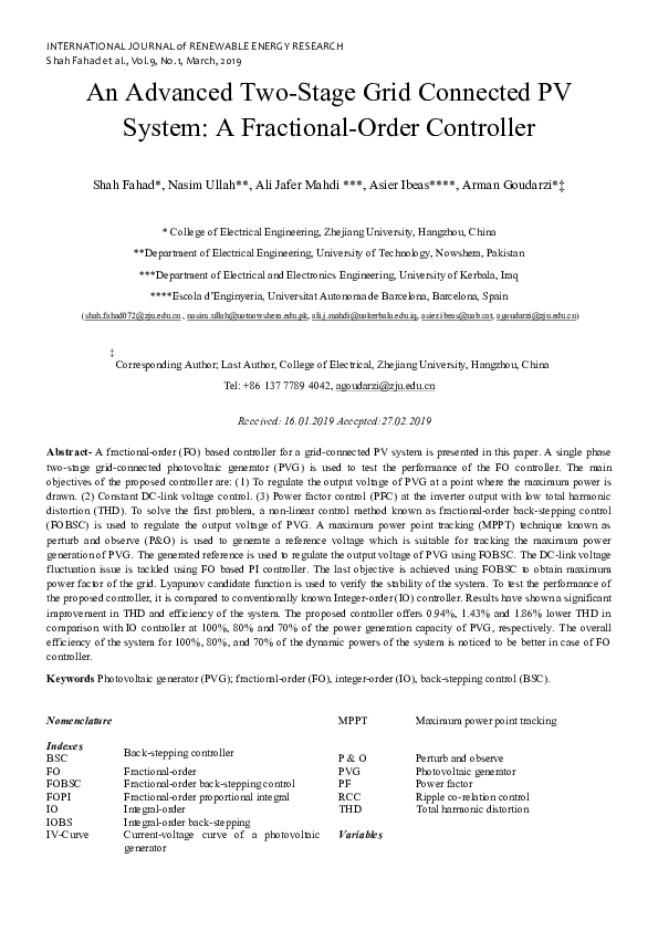 Pdf An Advanced Two Stage Grid Connected Pv System A Fractional Order Controller